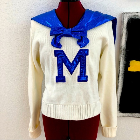 Vintage | Sweaters | Vintage Ivory And Blue Cheerleader Sweater | Poshmark